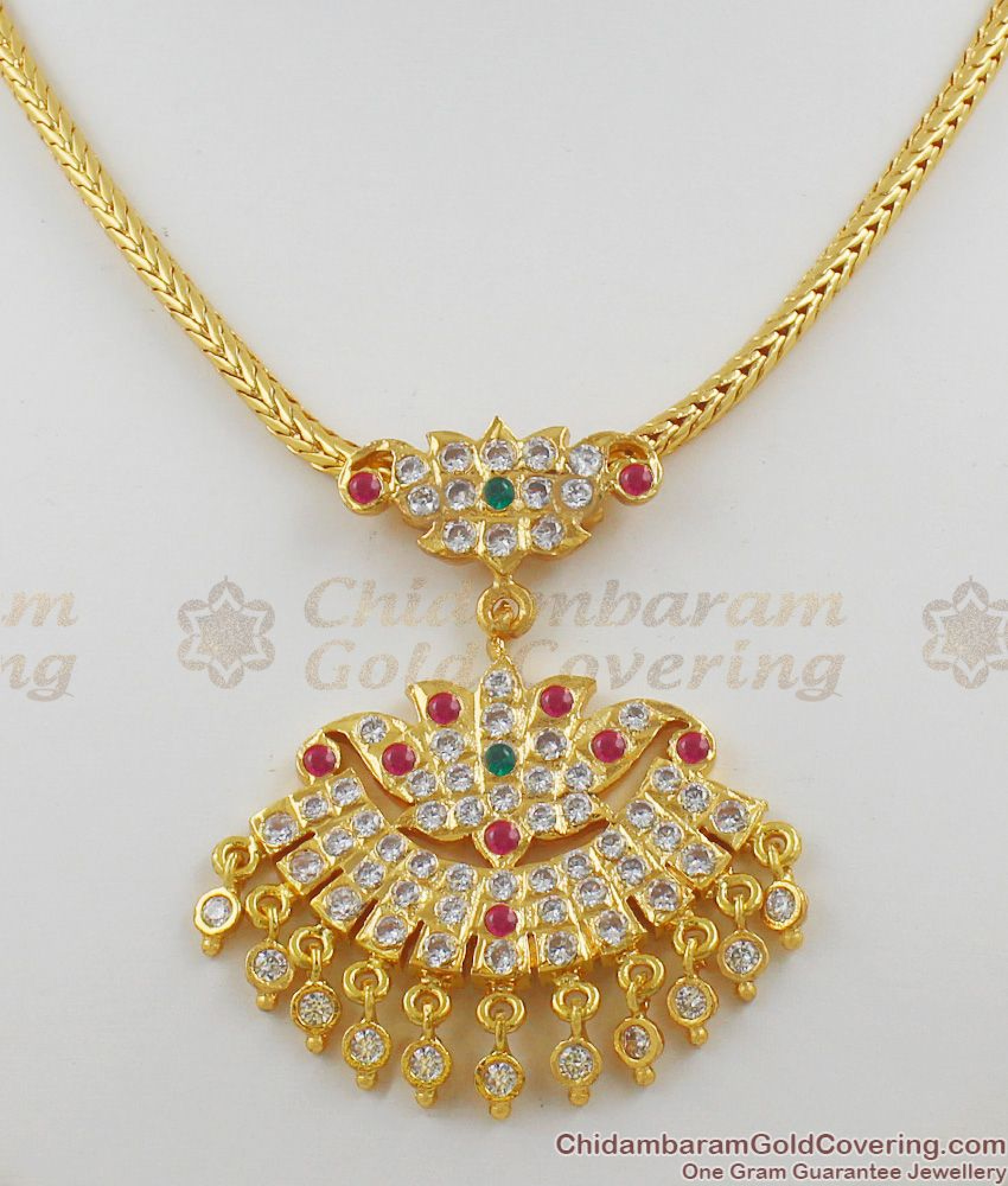 Traditional Multi Stone Impon Attigai Necklace Lotus Design Gold Dollar ...