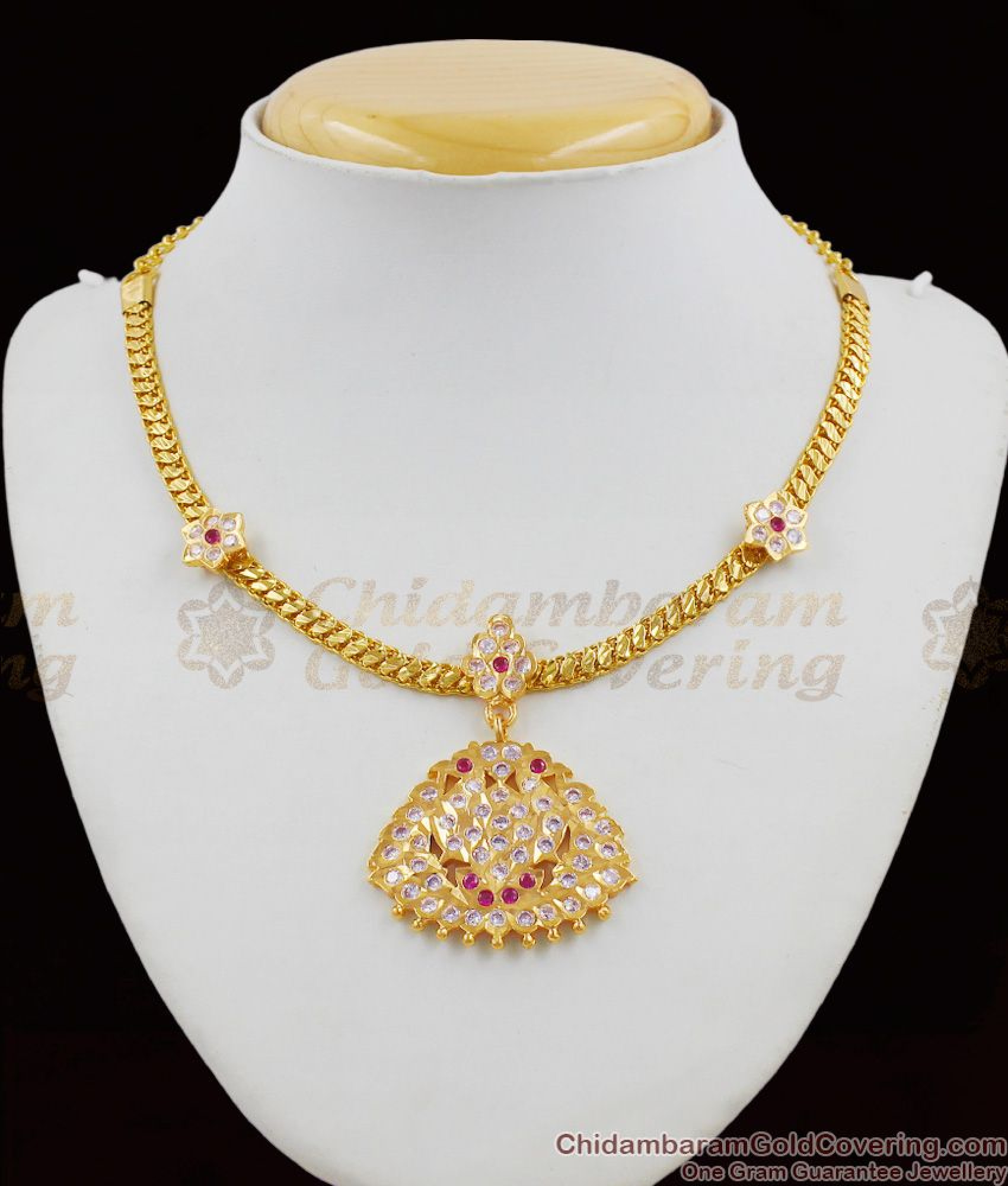 Panchaloga Gold Attigai With Pink And White Stone Small Dollar Chain ...