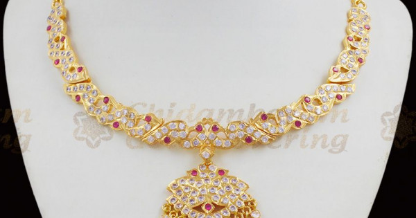 Full Gold Traditional Impon Peacock Pattern Necklace With AD Ruby Stone ...