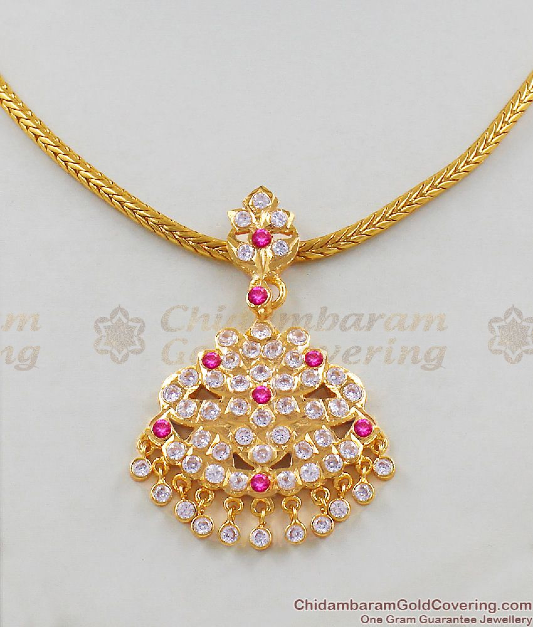 Traditional Gold Attigai Big Five Metal AD Ruby Stone Dollar With Beads ...
