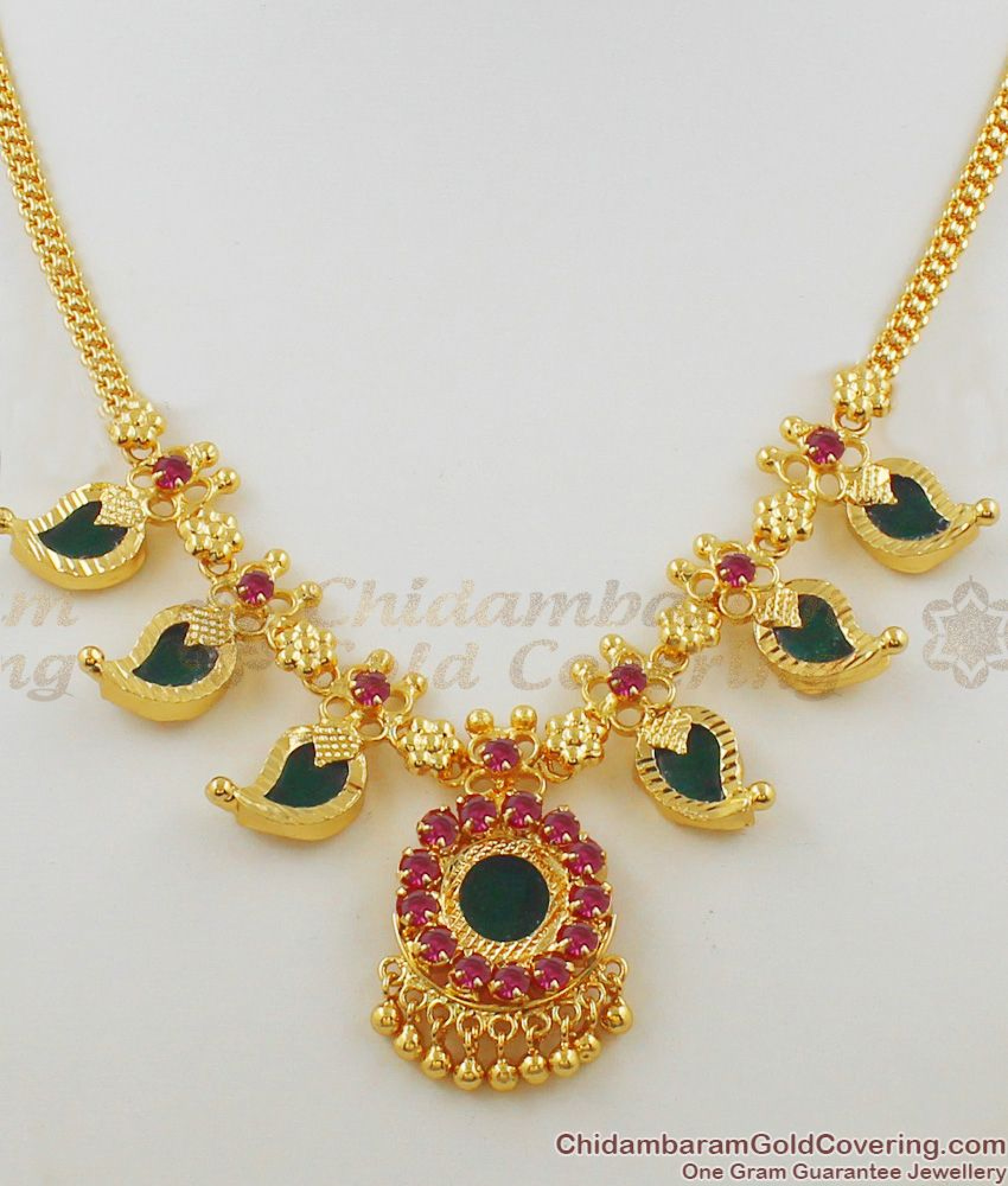 Bridal Necklace Three Petal Pink And Green Stone Kerala Palakka ...