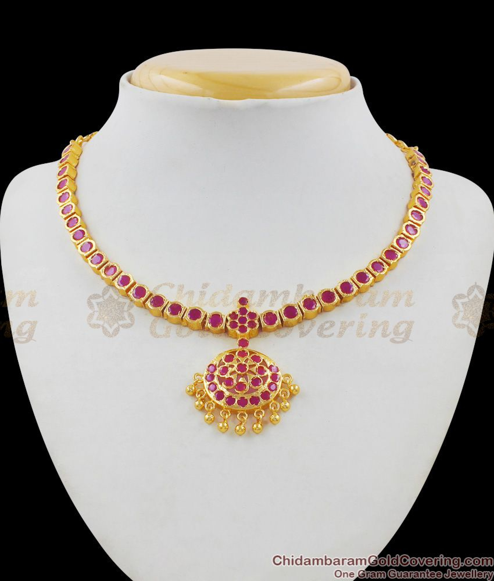 Full Ruby Stone Impon Attigai Gold Necklace Dollar Design Five Metal ...