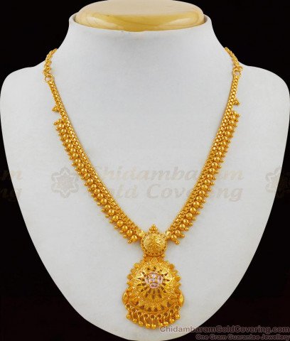 Grand Gold Single White Stone Mullaipoo Necklace Kerala Jewelry NCKN1708