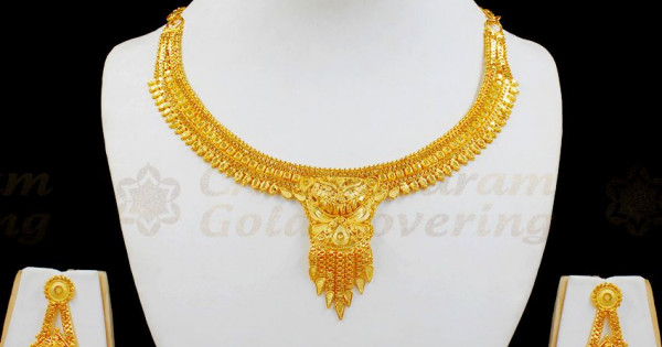 Simple And Plain Gold Necklace Design Set With Suitable Earrings NCKN1979
