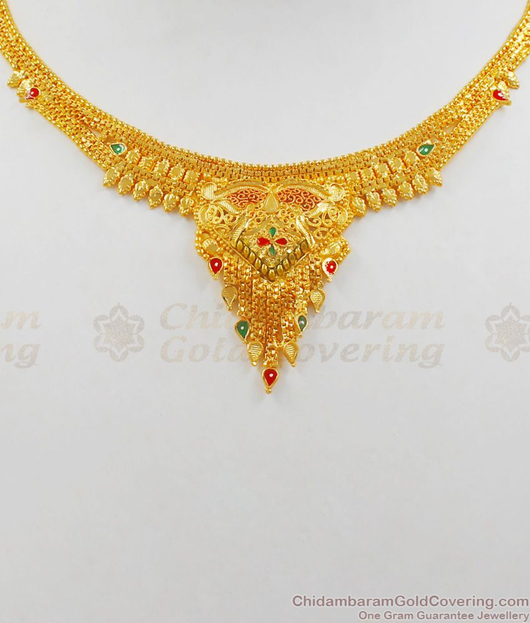 Real Gold Enamel Gold Necklace With Earrings Forming Pattern For Bride ...