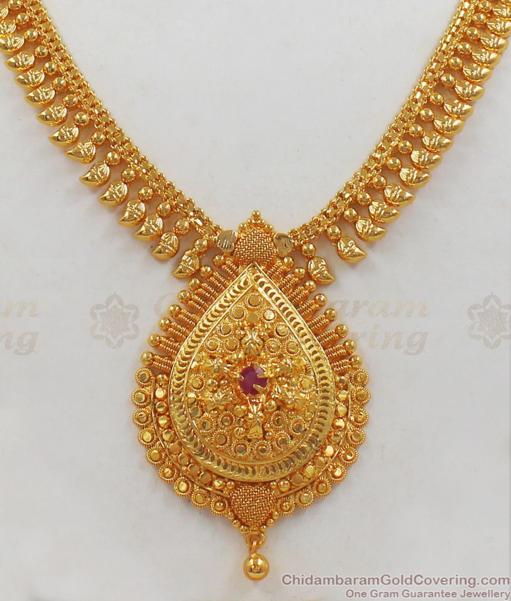 Buy Rain Drop Gold Beads Single Ruby Stone Necklace NCKN2030