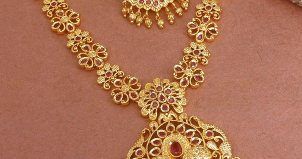 Heavy Gold Tone Necklace Peacock Design Ruby Stone Earring Combo Set ...