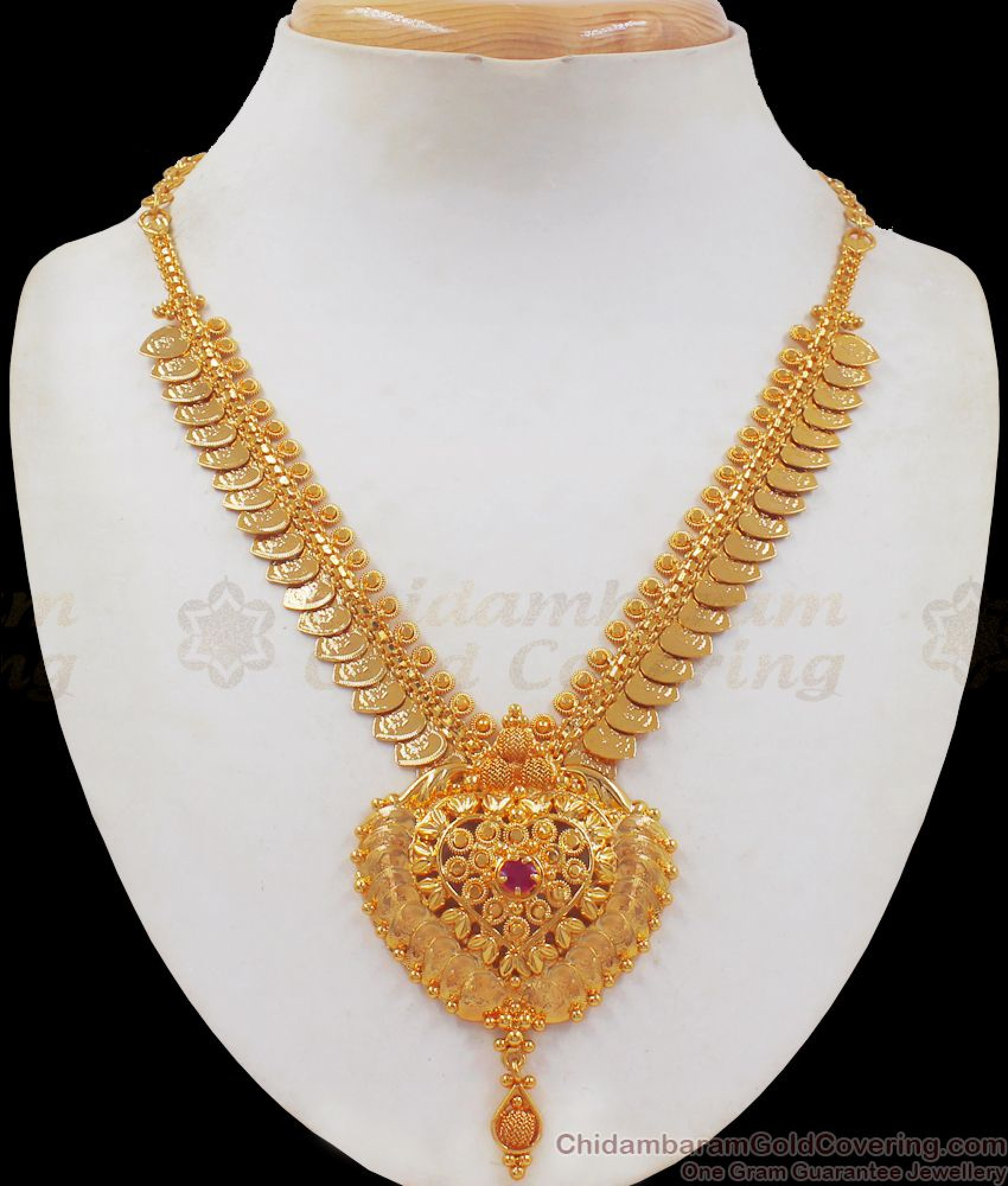 Goddess Lakshmi Kasu Malai Gold Necklace Single Ruby Stone Jewelry NCKN2385