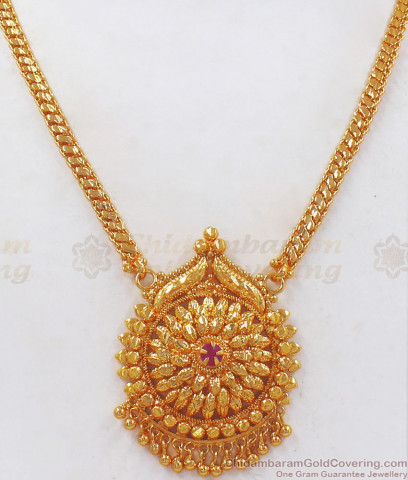 Single Ruby Stone Gold Plated Necklace Mullai Design NCKN3269