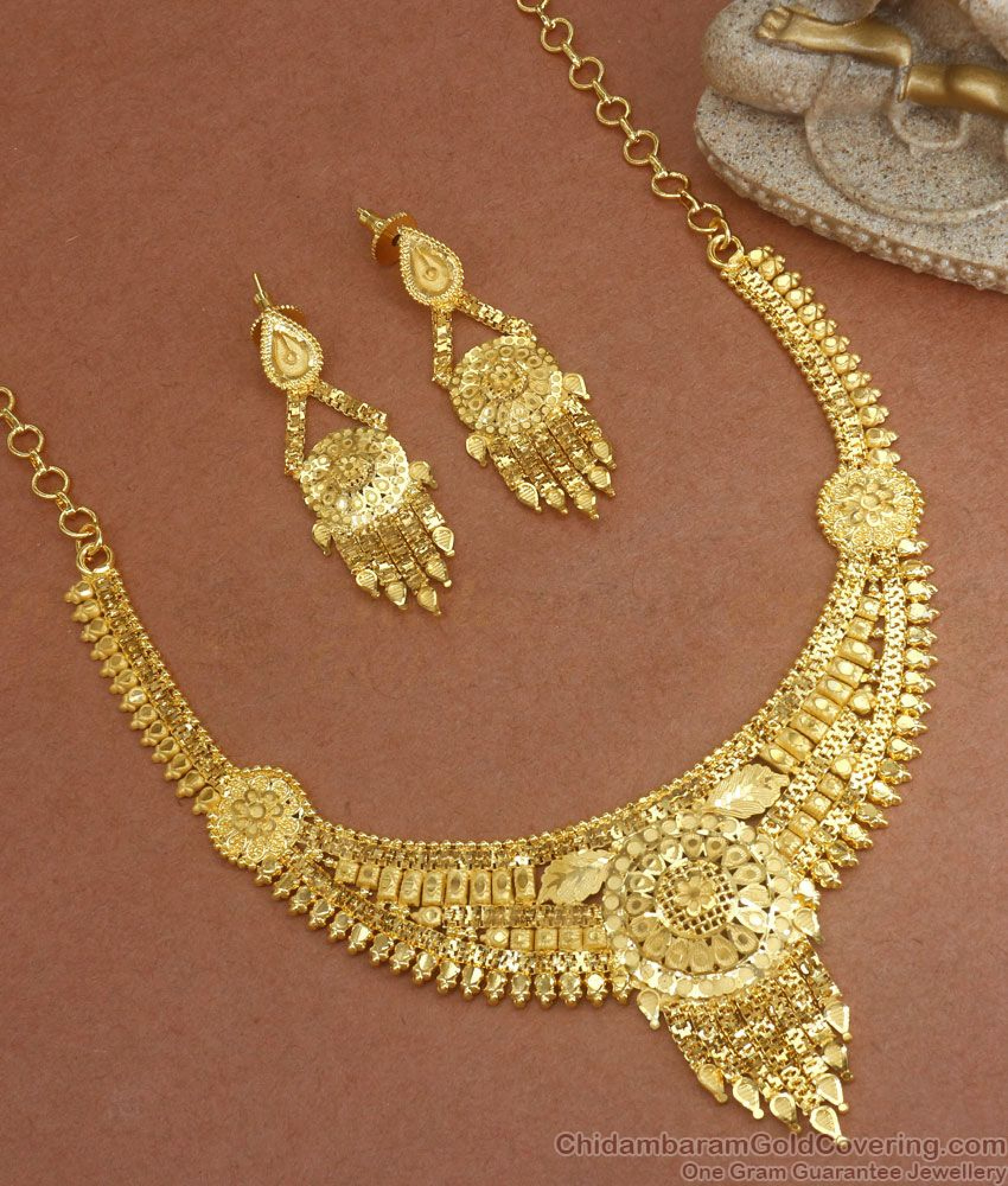 Two Gram Gold Calcutta Pattern Forming Necklace Earring Combo Set NCKN2923