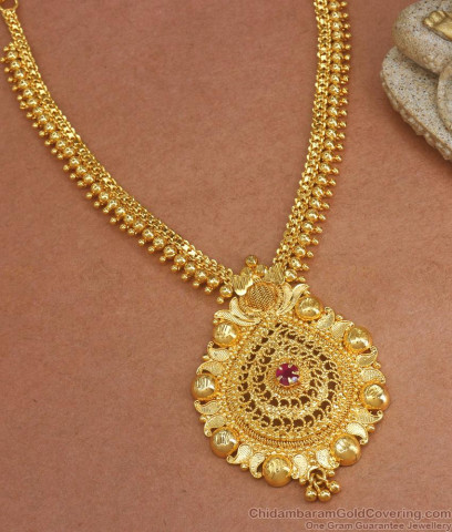 Single Ruby Stone Gold Plated Necklace Mullai Design NCKN3269