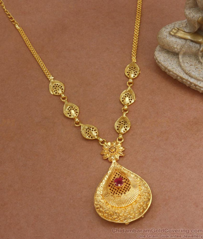 Single Ruby Stone Gold Plated Necklace Mullai Design NCKN3269
