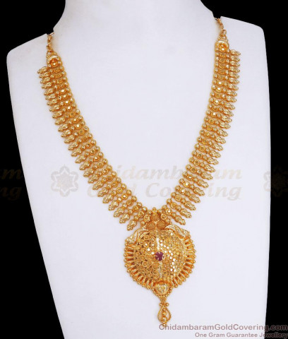Single Ruby Stone Gold Plated Necklace Mullai Design NCKN3269