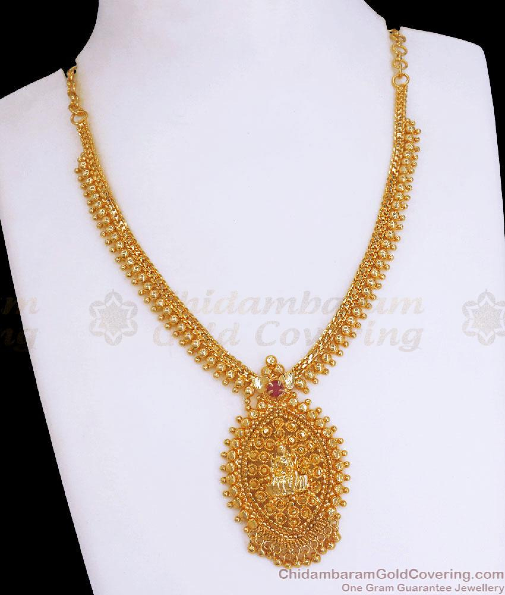 Single Ruby Stone Gold Plated Necklace Lakshmi Golden Beads Designs ...