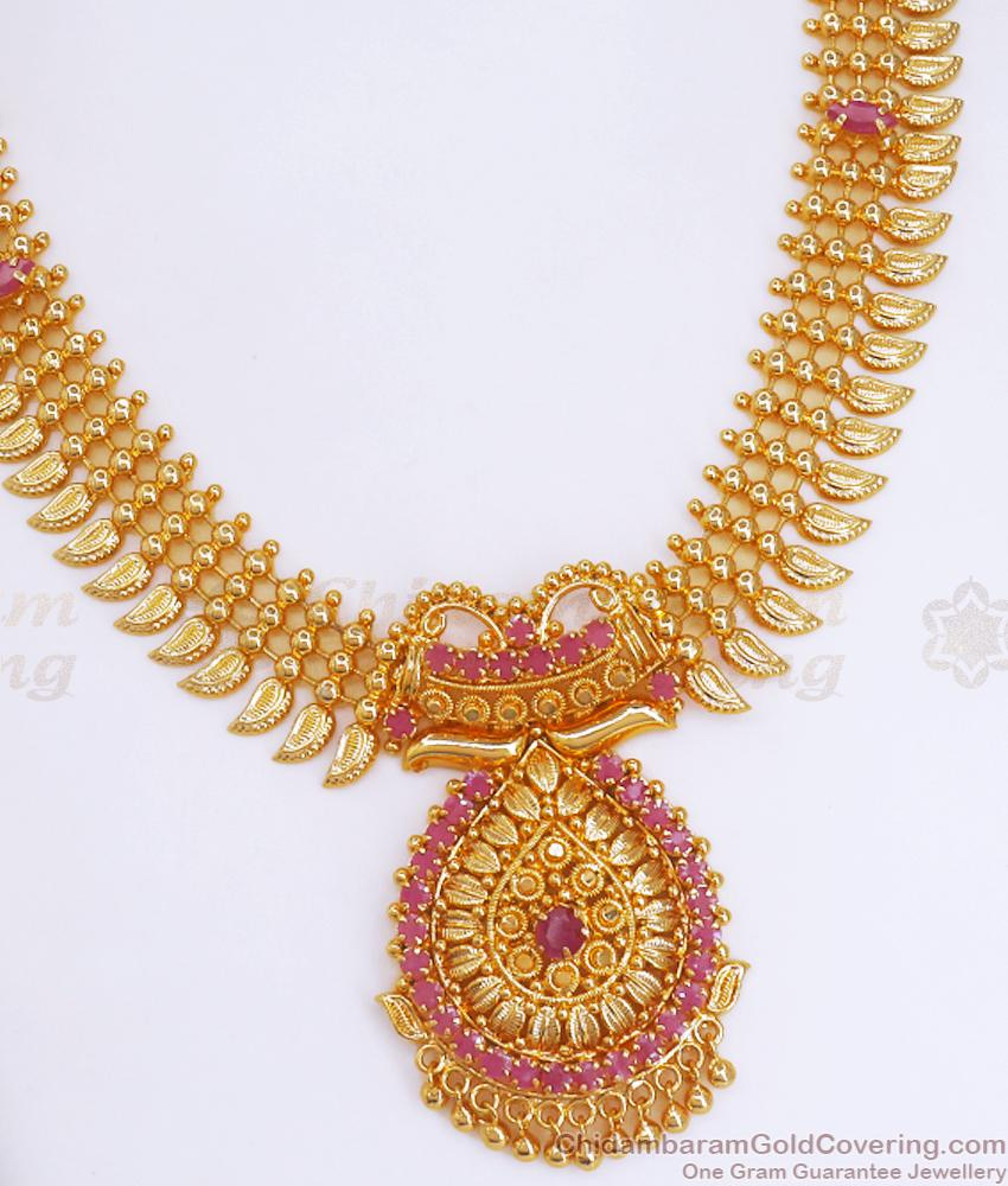 Kerala Bridal 1 Gram Gold Necklace Ruby Stone Mullai Design NCKN3249