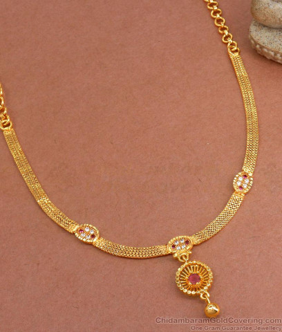 Single Ruby Stone Gold Plated Necklace Mullai Design NCKN3269
