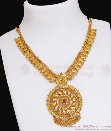 Grand Bridal 1 Gram Gold Mango Necklace Ruby Stone Design For Brides ...