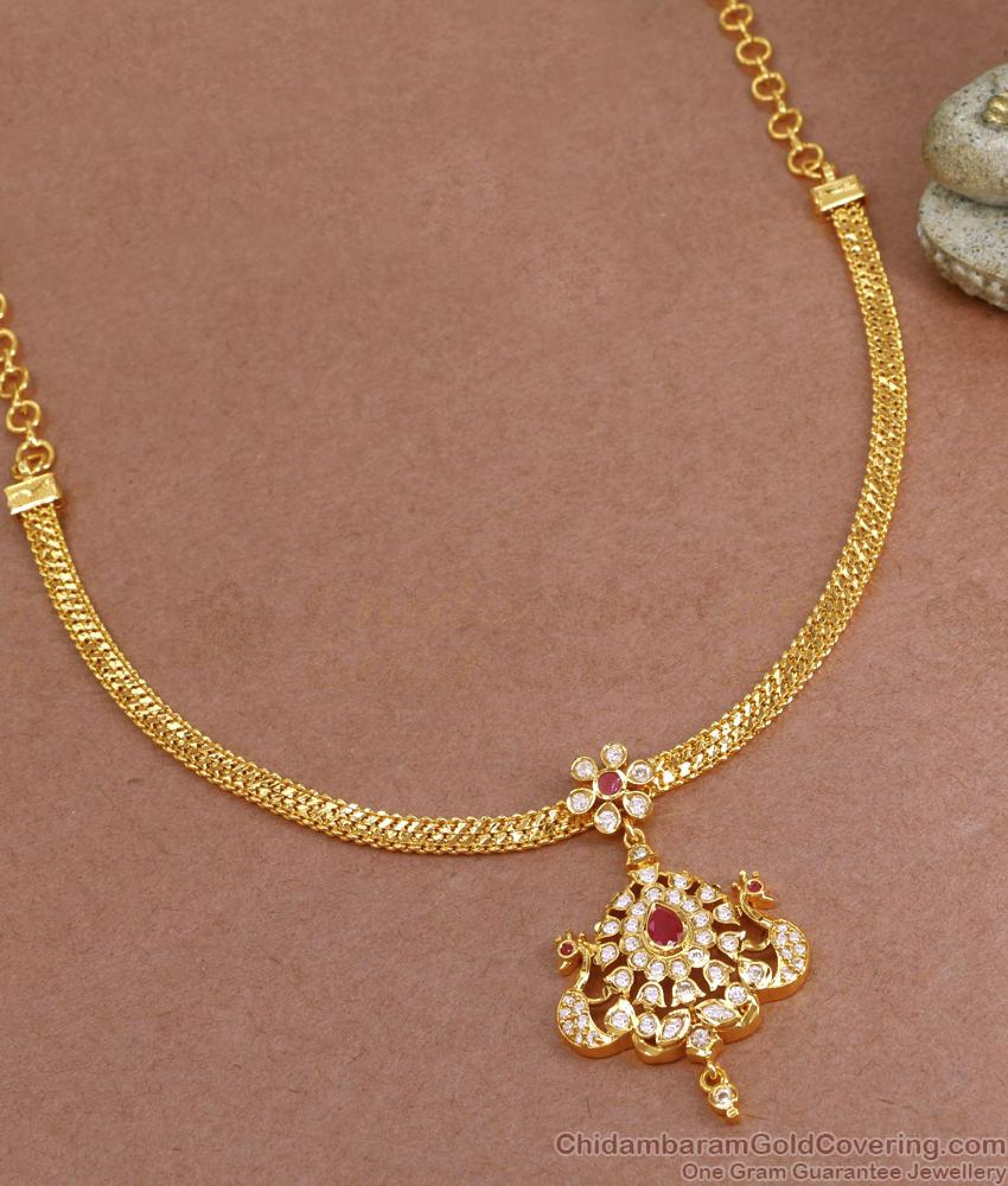 Elegant Peacock Design Ruby White Stone Gold Attigai Impon Necklace ...