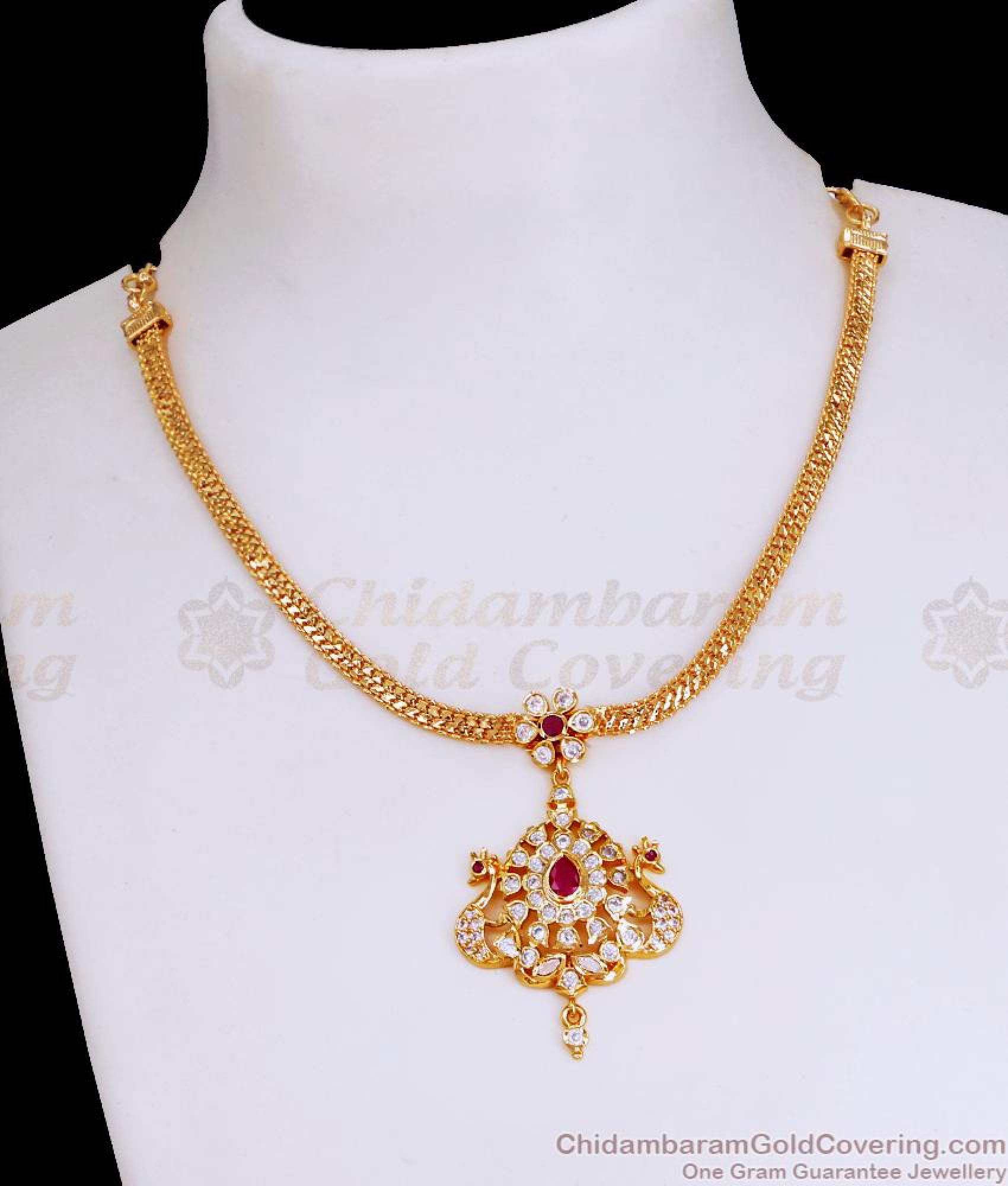 Elegant Peacock Design Ruby White Stone Gold Attigai Impon Necklace ...