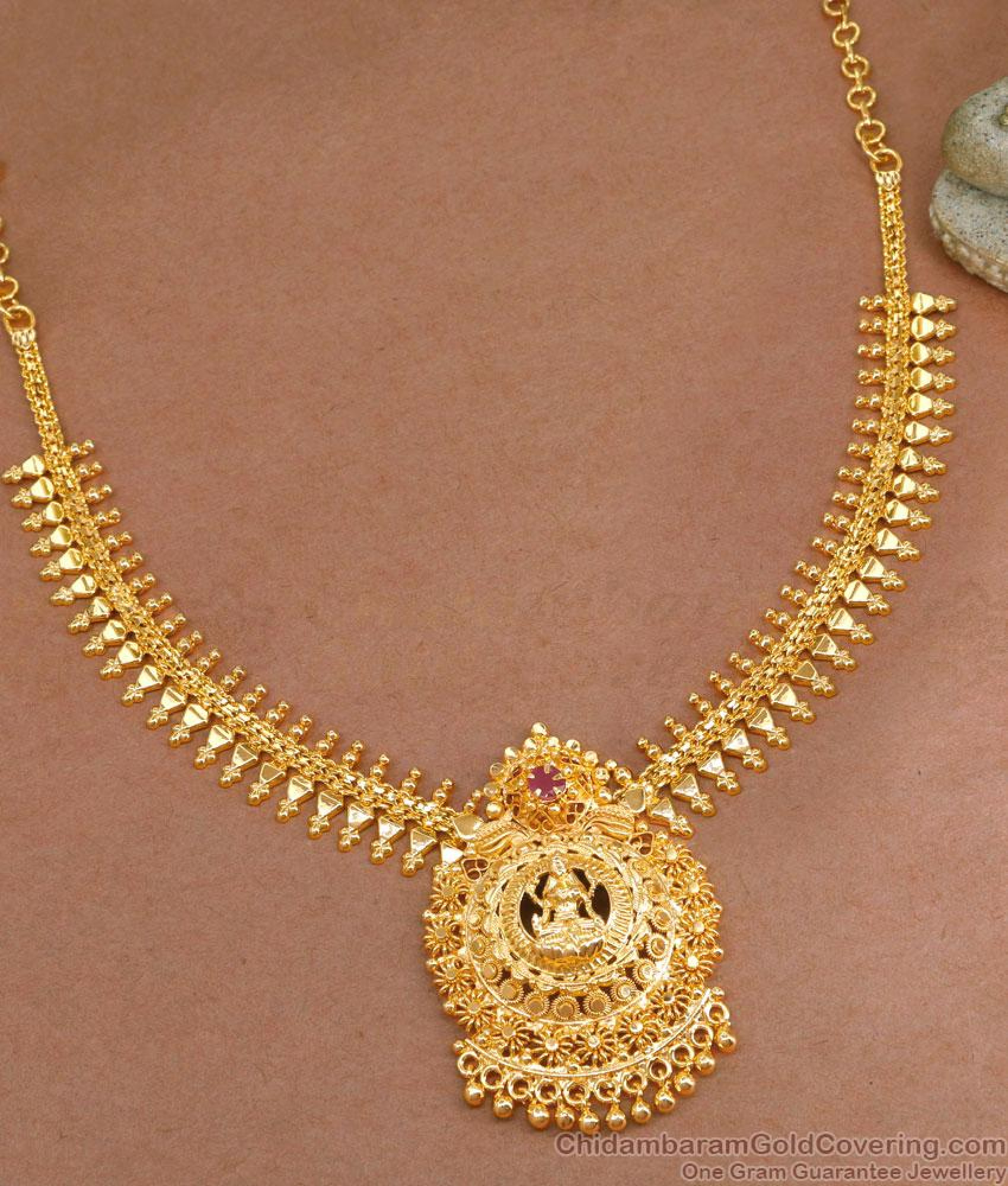 Pure Gold Tone Lakshmi Pendant Mullai Arumbu Necklace Design NCKN3714