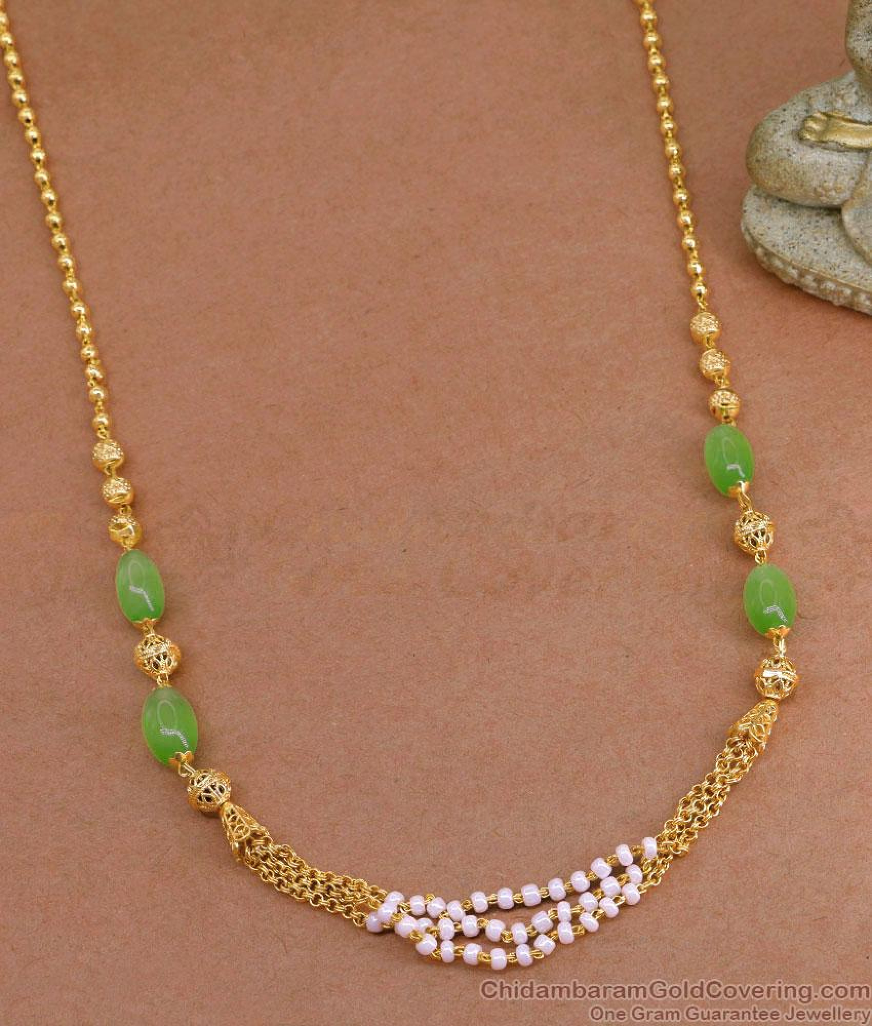 Multi Layered Pearl Chain Gold Necklace With Green Opal Stone NCKN3742