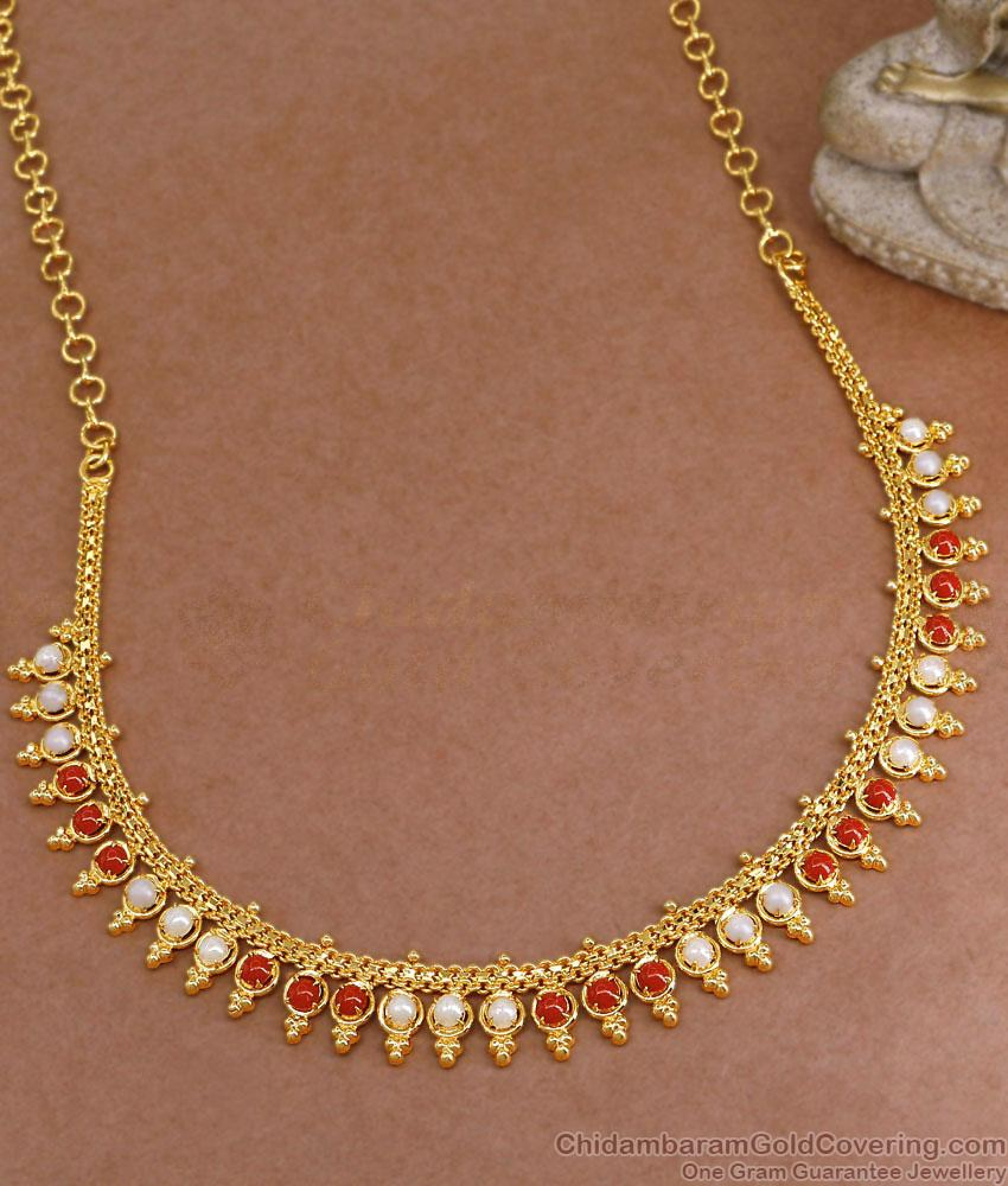 Simple Gold Tone Pearl Coral Necklace Design For Women NCKN3820