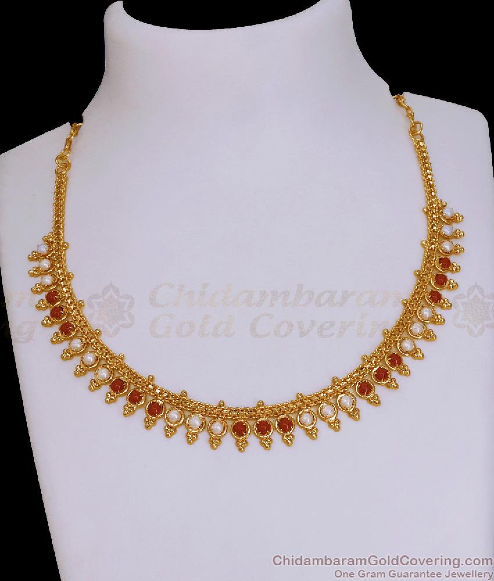 Simple Gold Tone Pearl Coral Necklace Design For Women NCKN3820