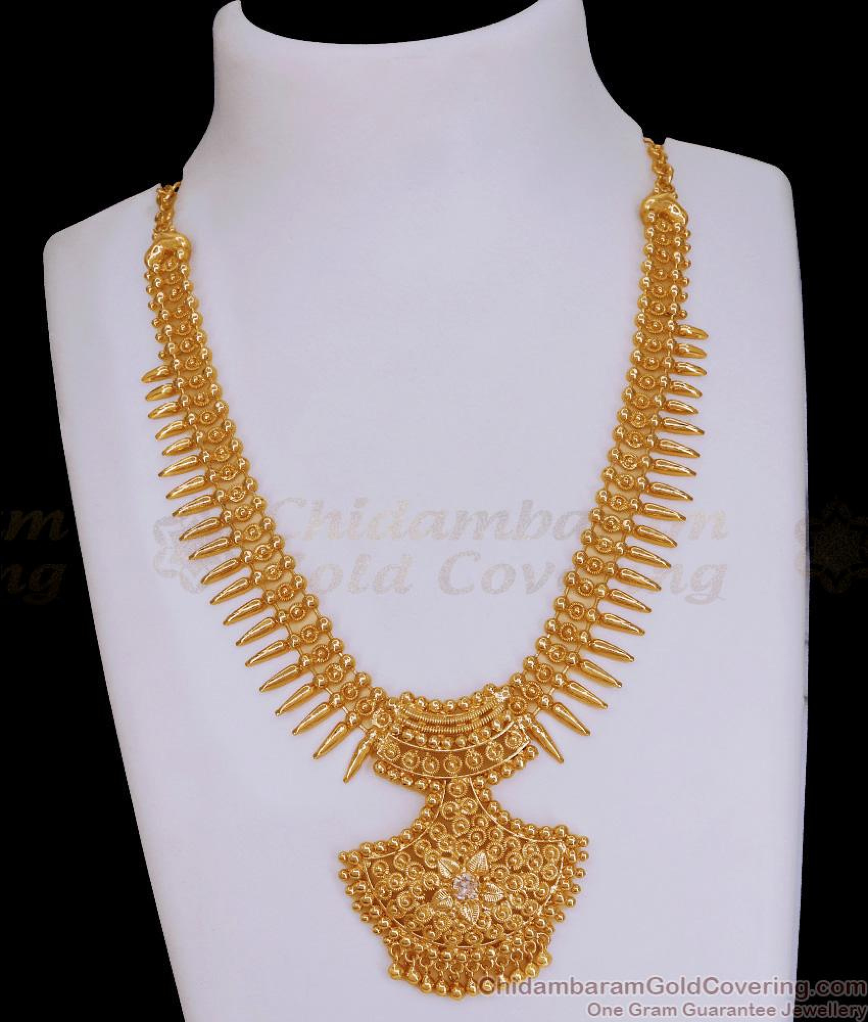 Latest Mullaipoo Design One Gram Gold Necklace White Stone Design NCKN3826