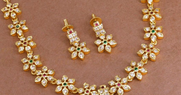 Floral Design Multi Stone Impon Gold Necklace Earring Combo NCKN3831