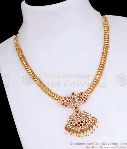 Traditional AD Ruby Stone Impon Attigai Necklace Swan Design Gold ...