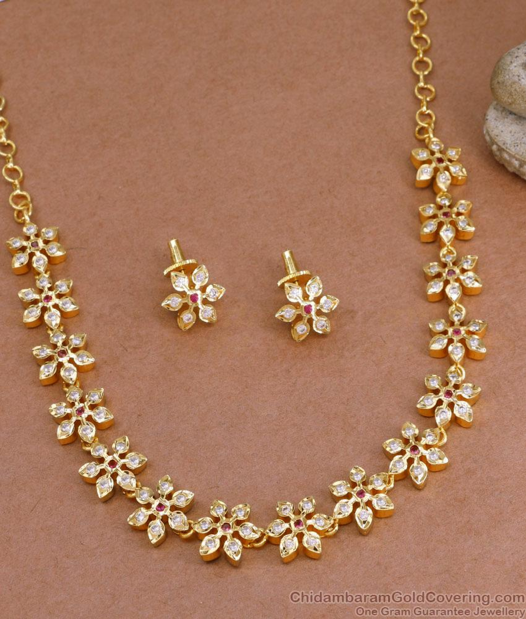 Unique Floral Design Impon Stone Attigai Necklace With Earring NCKN3939