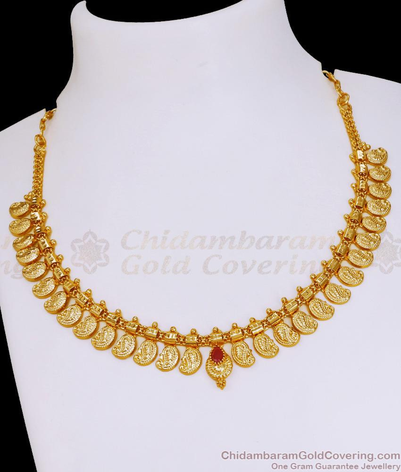 High Quality 1 Gram Gold Tone Mango Necklace With Ruby Stone NCKN3989