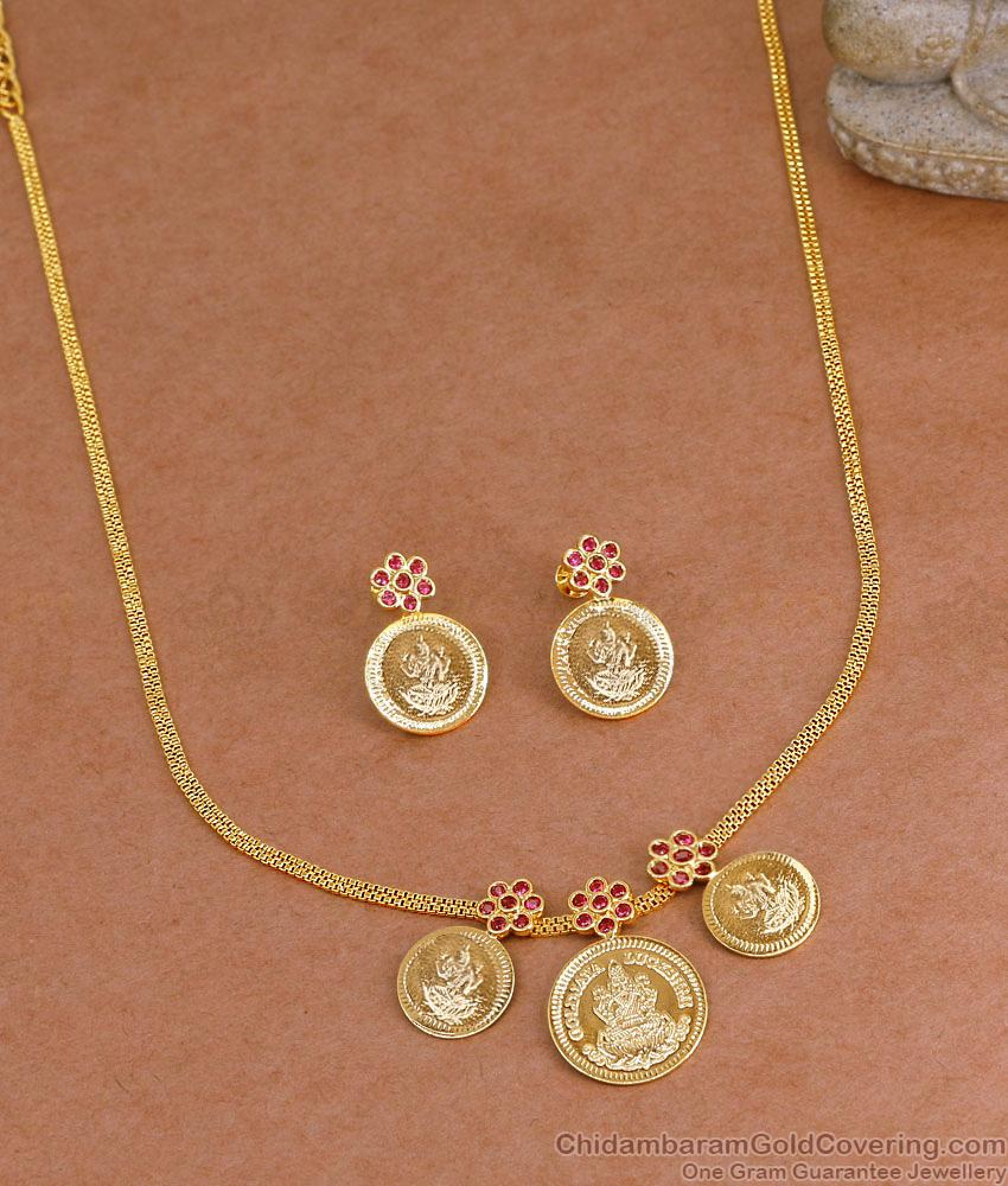 Classic Micro Gold Plated Ruby Stone Lakshmi Coin Necklace With Earring ...