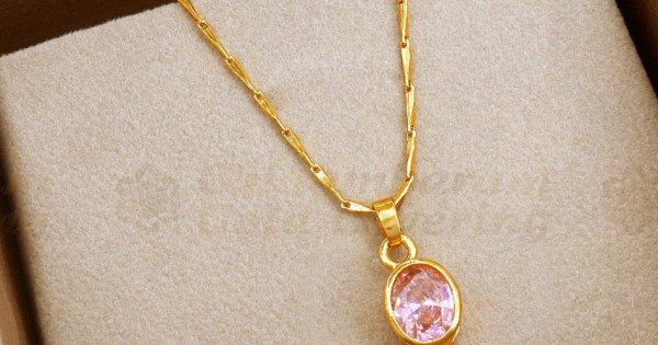 Stylish Pink Stone Gold Plated Small Pendant Chain Oval Designs SMDR2098
