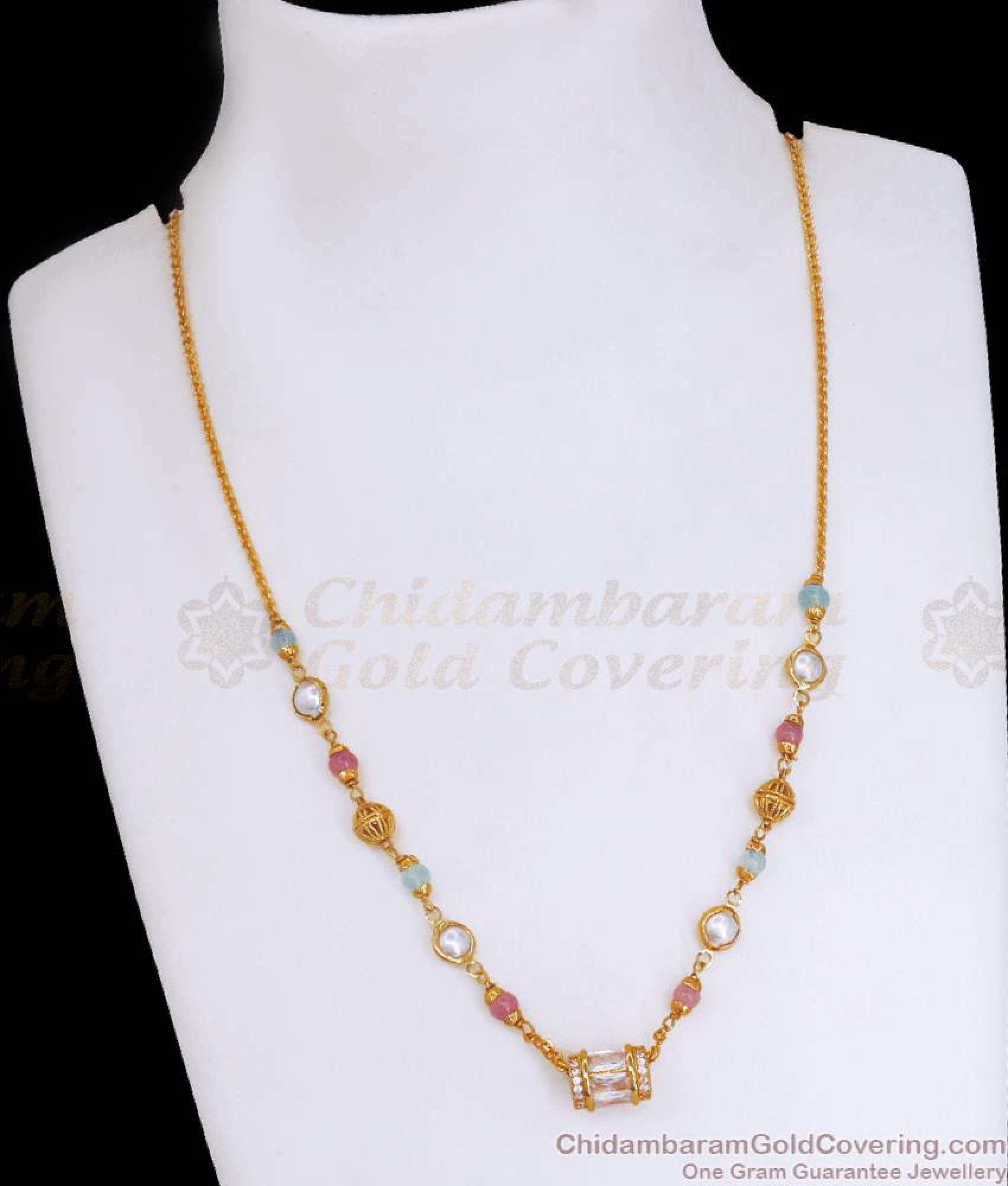 Bengali Type 1 Gram Gold Locket Chain Zircon Stone Necklace SMDR2144