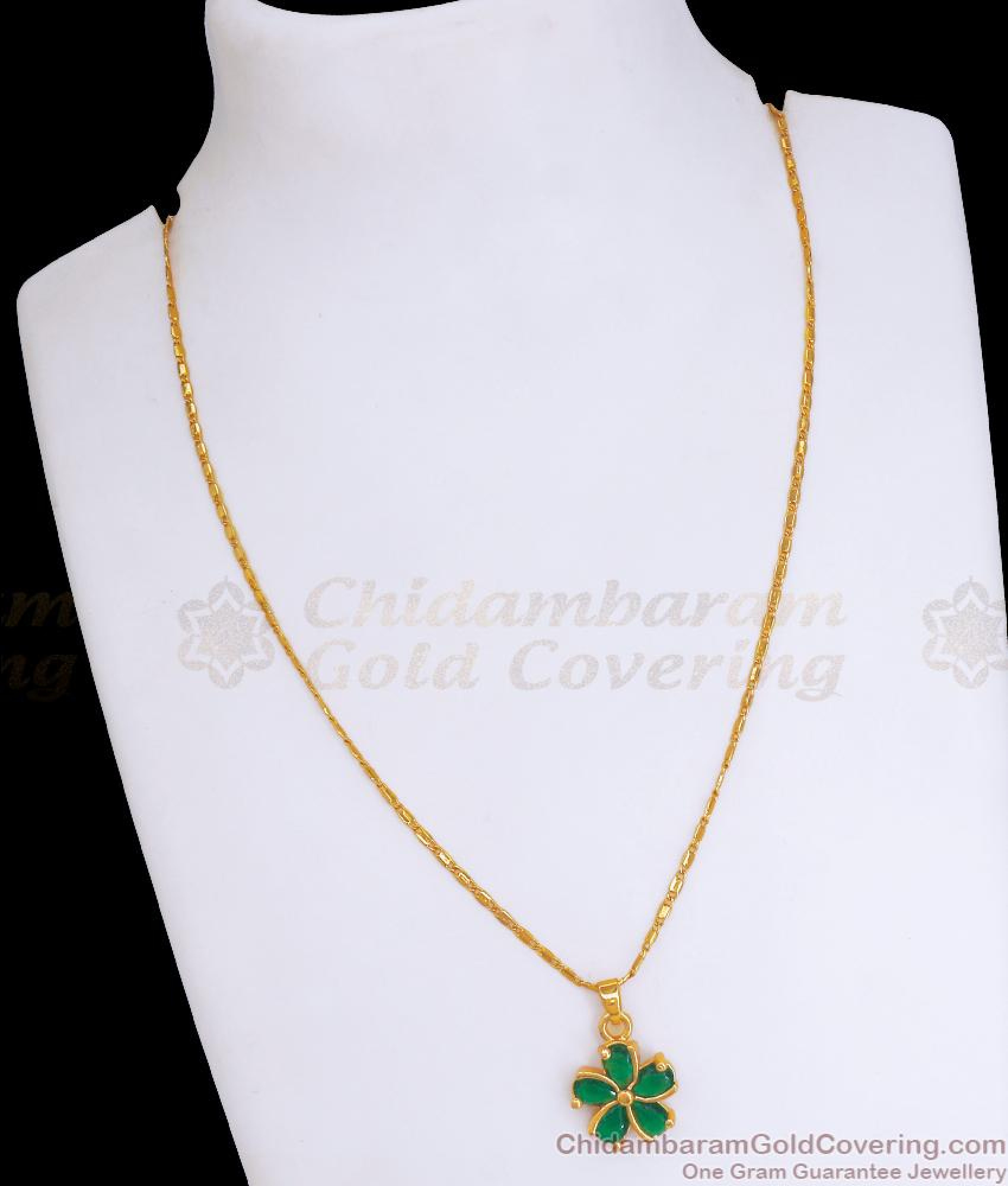 Emerald Stone Gold Pendant Floral Design With Short Chain SMDR2224