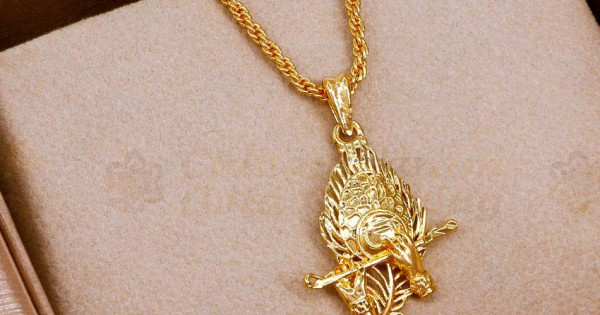 Devotional Krishna Flute Gold Pendant Short Chain Design SMDR2366