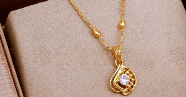 Single White Stone Gold Plated Pendant With Beads Chain SMDR2443
