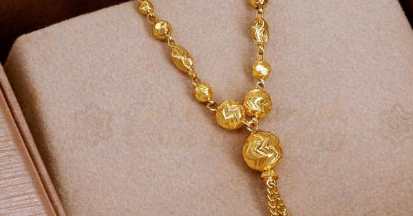 Pure Gold Tone Short Pendant Chain Plain Beads Design SMDR2641