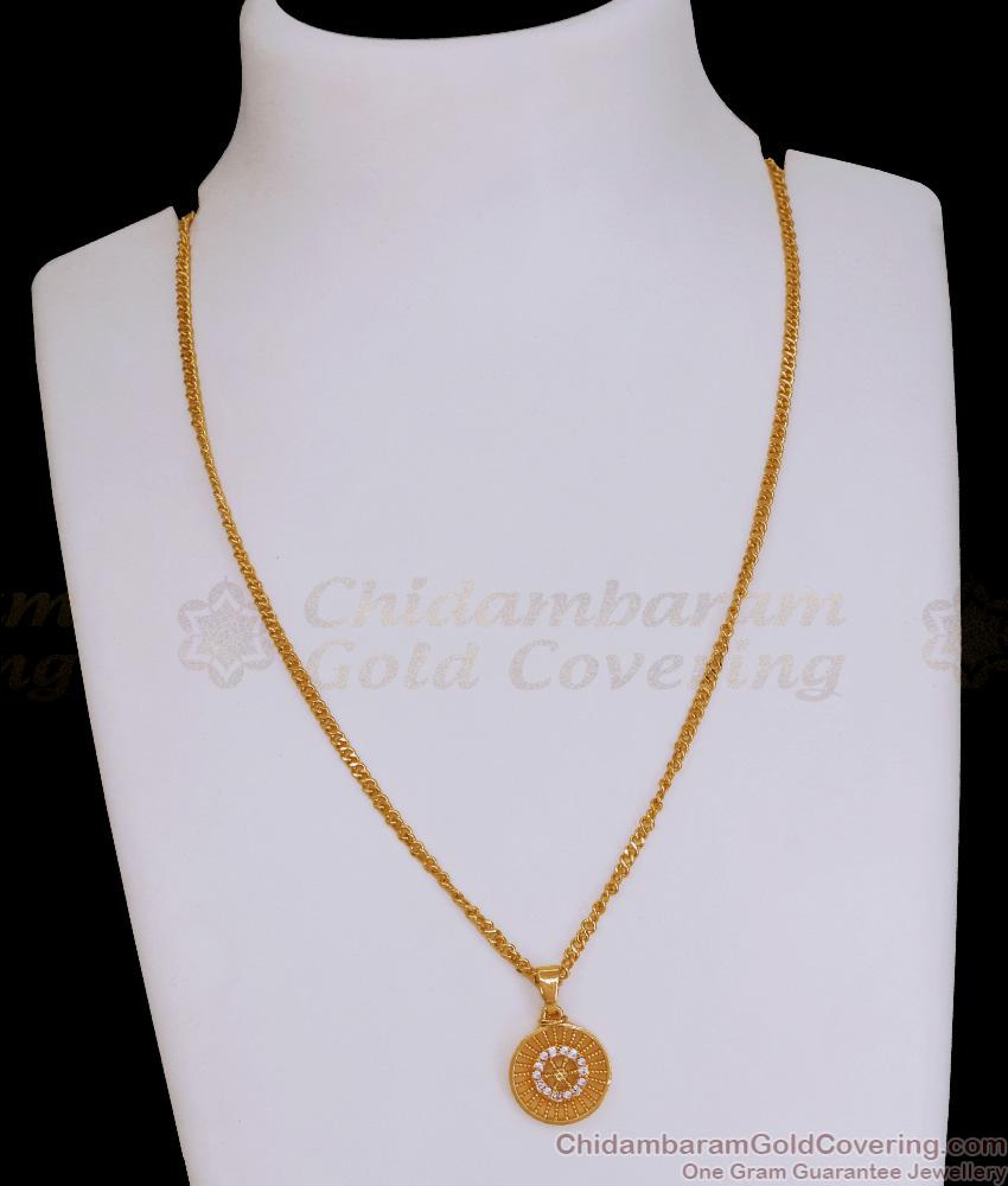 Real Gold Design Round Pendant White Stone Design With Short Chain SMDR2654
