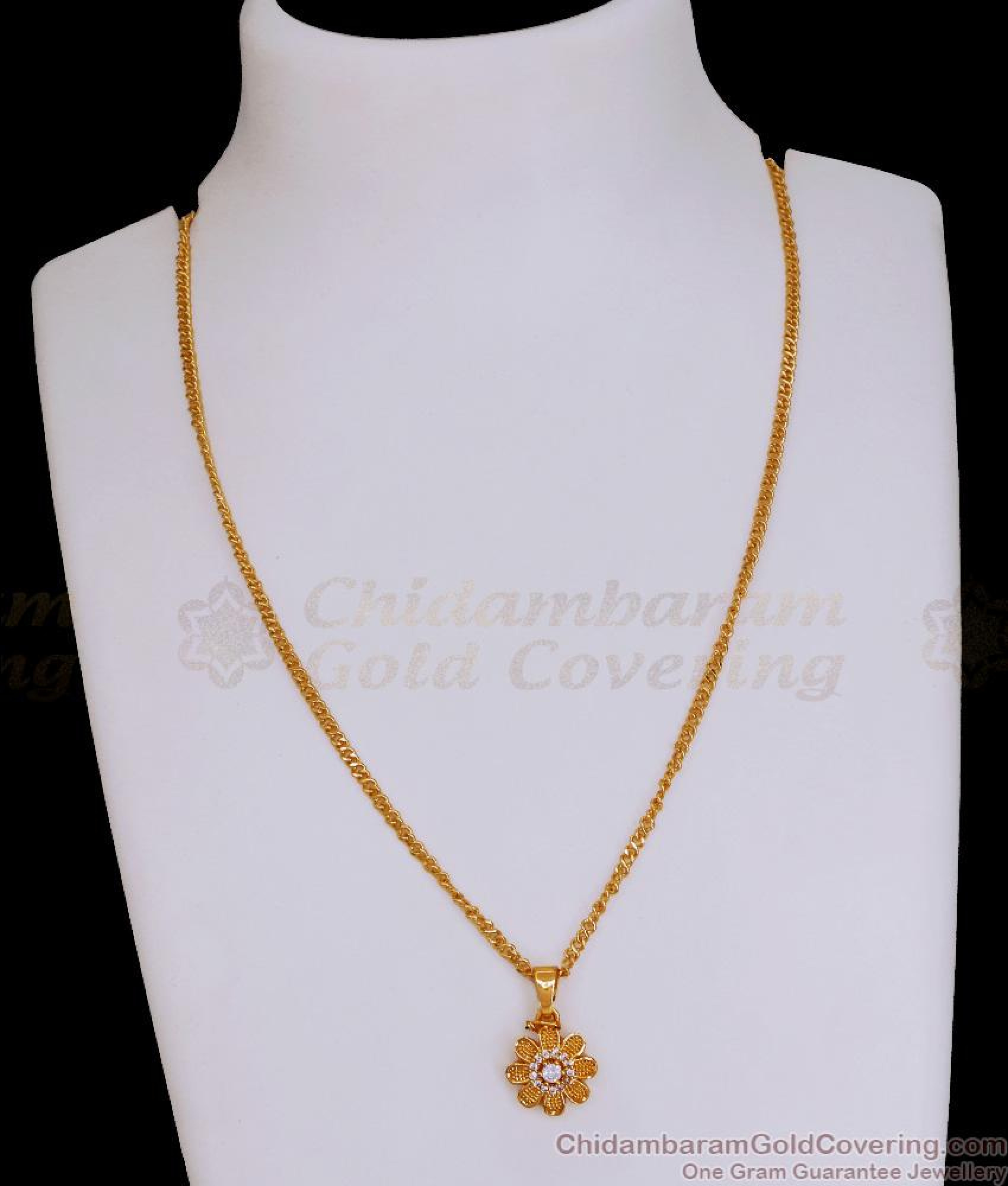 New Model Floral Design White Stone Gold Pendant Chain Online SMDR2670