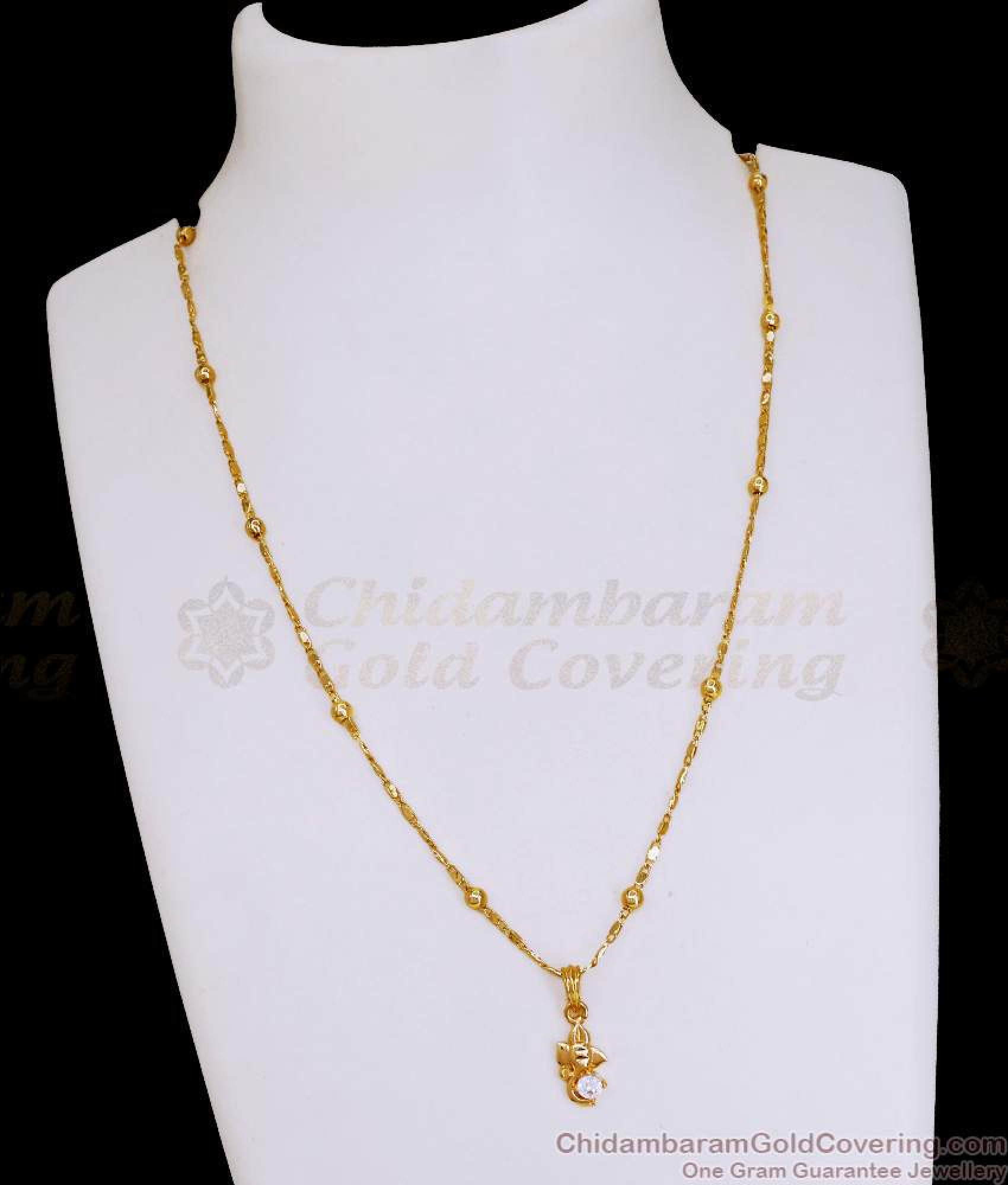 Traditional Lord Ganesha Small Gold Pendant Chain With White Stone SMDR2778