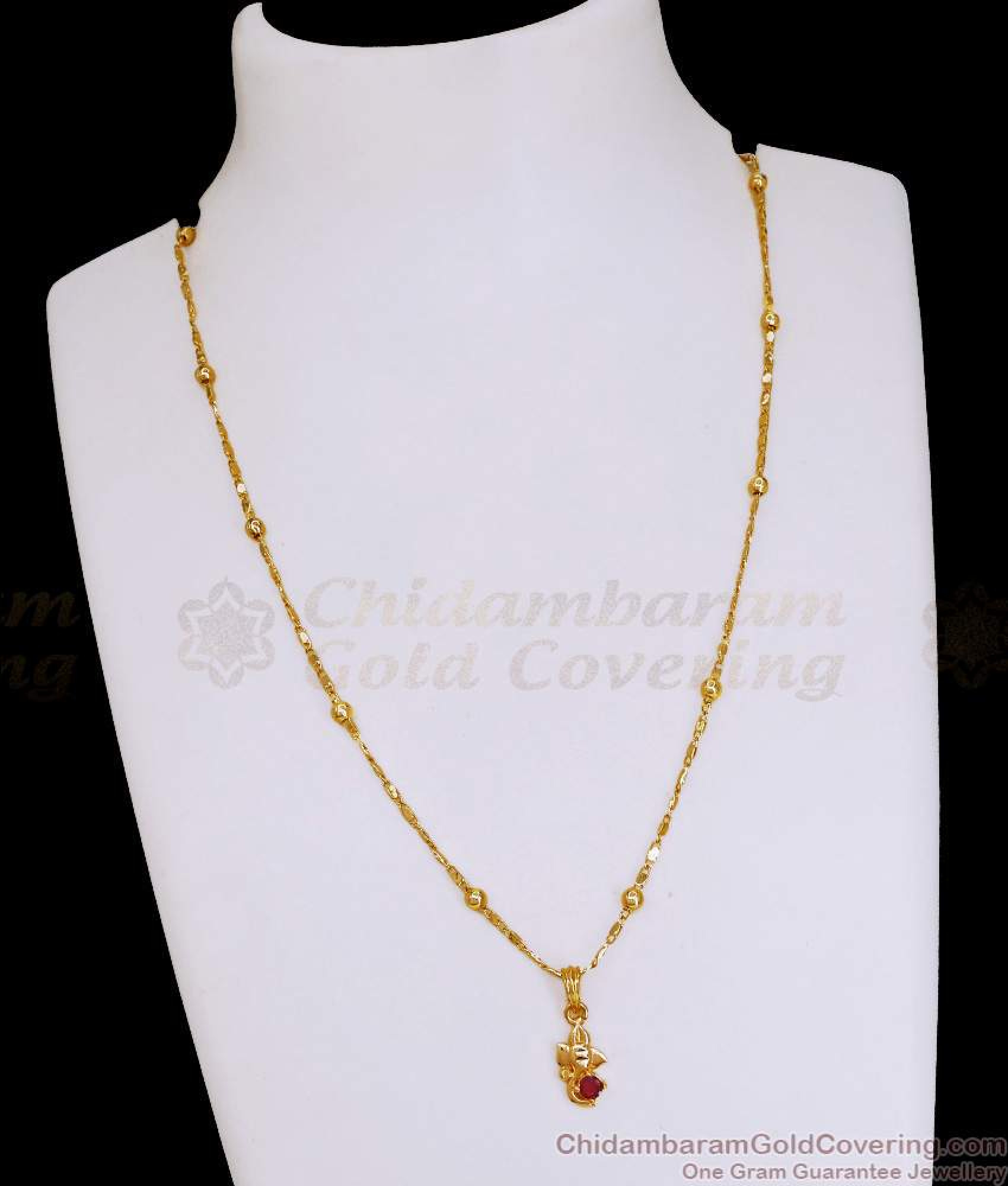 Single Ruby Stone Lord Ganesha Small Gold Pendant Chain Design SMDR2779