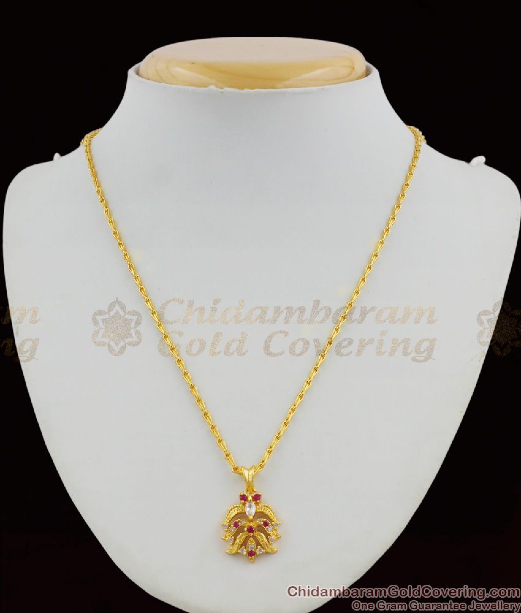 Kerala Model Multi Color Stone Pure Gold Pendant Chain For Daily Wear ...