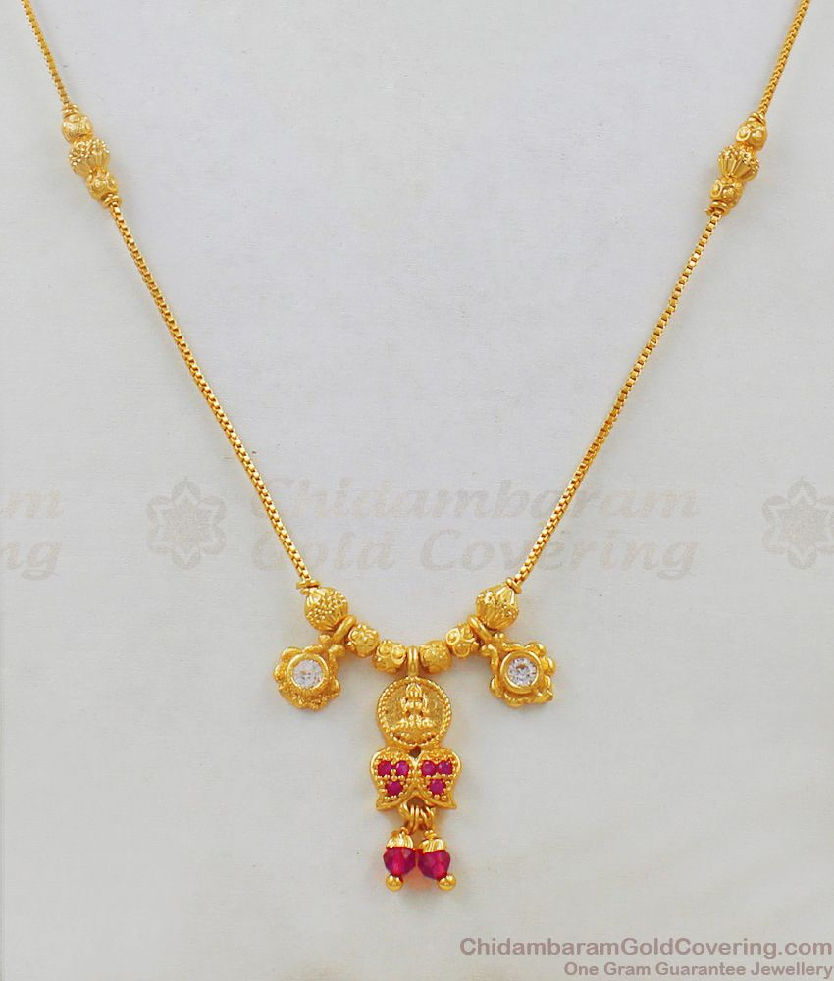 Traditional Lakshmi Design Gold Pendant Chain With Multi Color Stones ...
