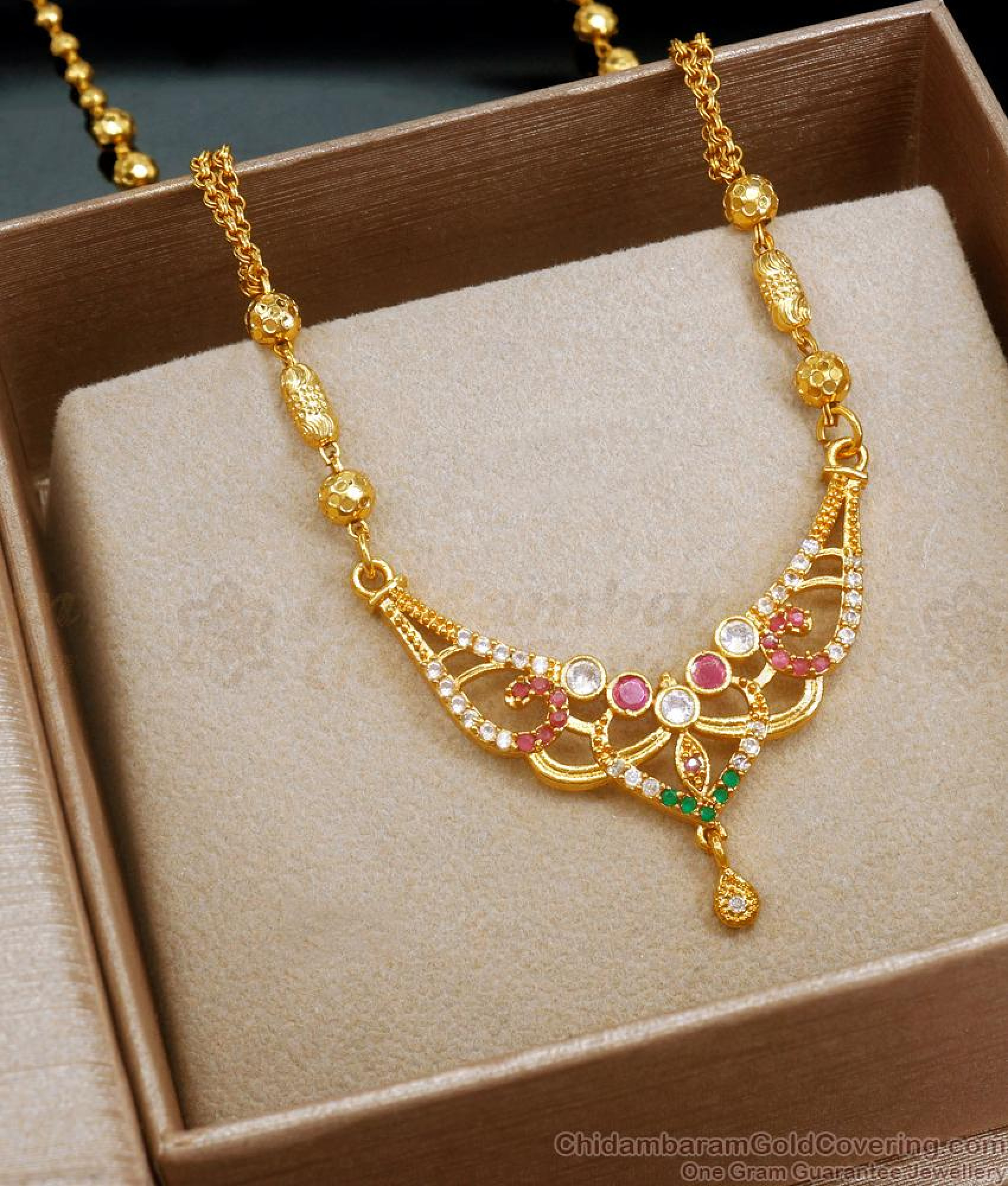 Traditional 1 Gram Gold Pendant Peacock Stone Designs With Beads Chain ...