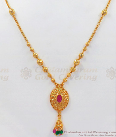 One Gram Gold Lakshmi Design Multi Stone Pendant Chain SMDR752
