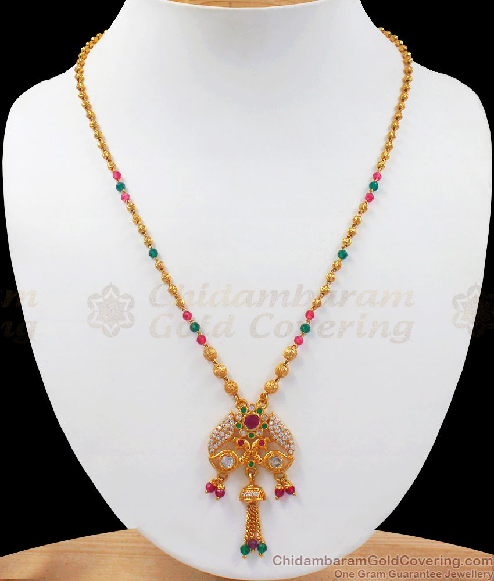 Gorgeous Dual Peacock Design Multi Stone Pendant Gold Beaded Chain SMDR749