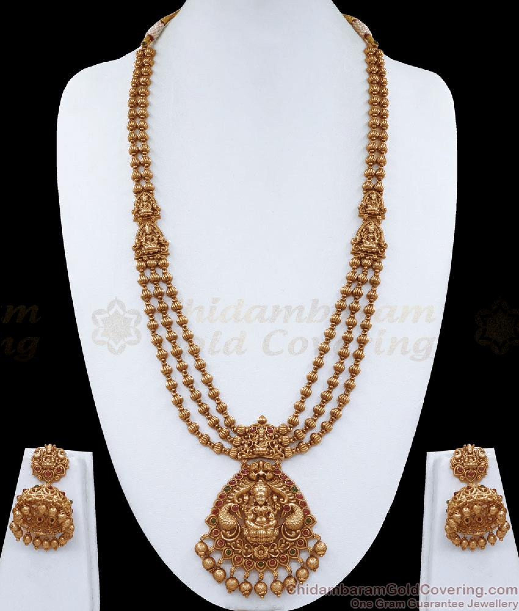 Traditional 3 Layer Lakshmi Design Antique Haram With Matching Earrings ...