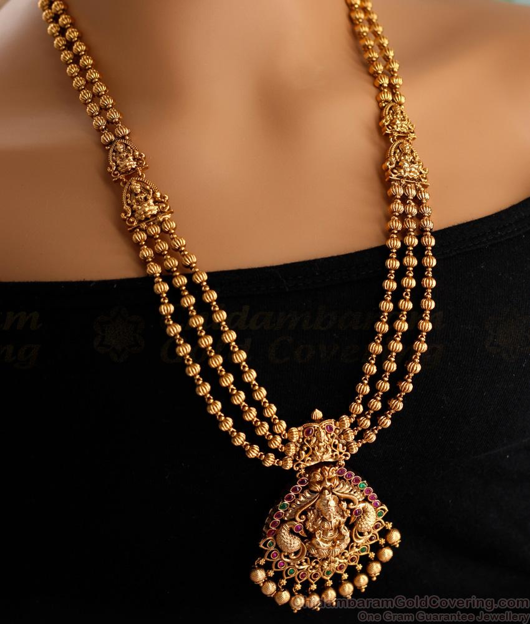 Traditional 3 Layer Lakshmi Design Antique Haram With Matching Earrings ...